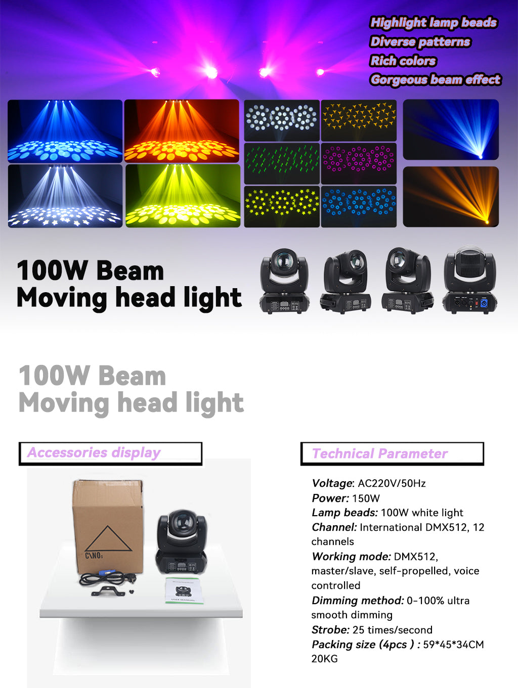 100W Beam Pattern Moving Head Light for Party, Bar, and Wedding Atmosp ...